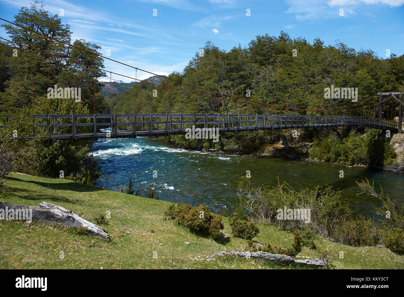 Wooden suspension bridge over River Espolon in Patagonia, Chile Stock ...