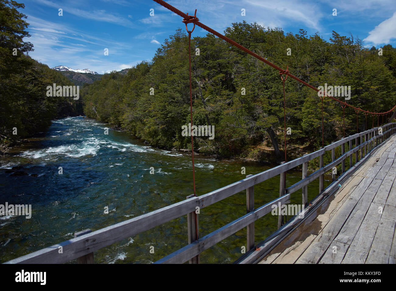 Wooden suspension bridge over River Espolon in Patagonia, Chile Stock ...