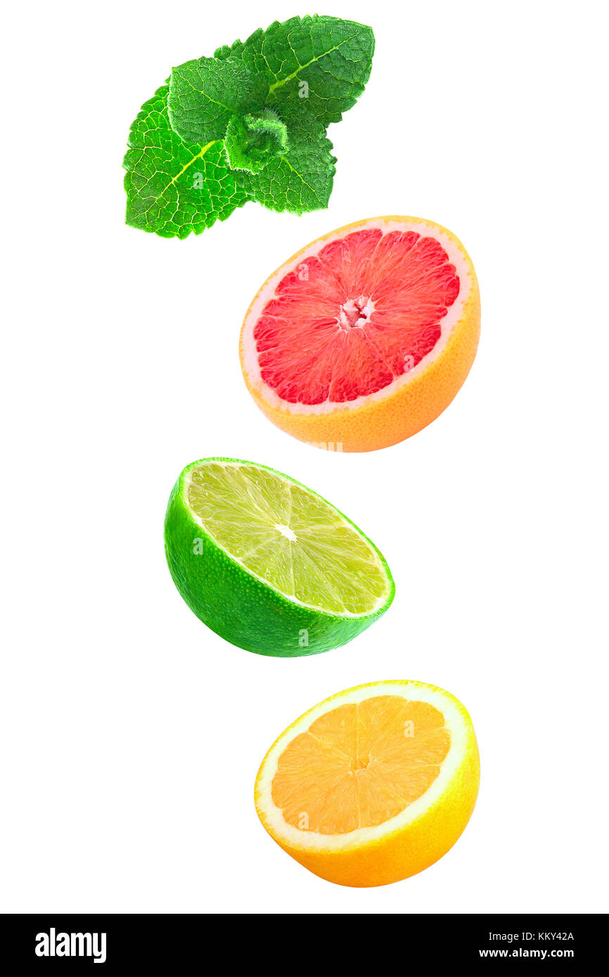 Isolated citrus fruits. Falling pieces of mint, lemon and lime isolated ...
