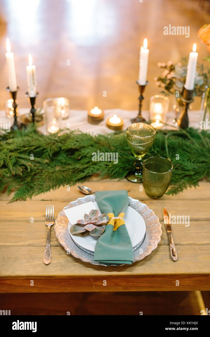 convenience, dinner, design concept. wooden table in the restaurant ...
