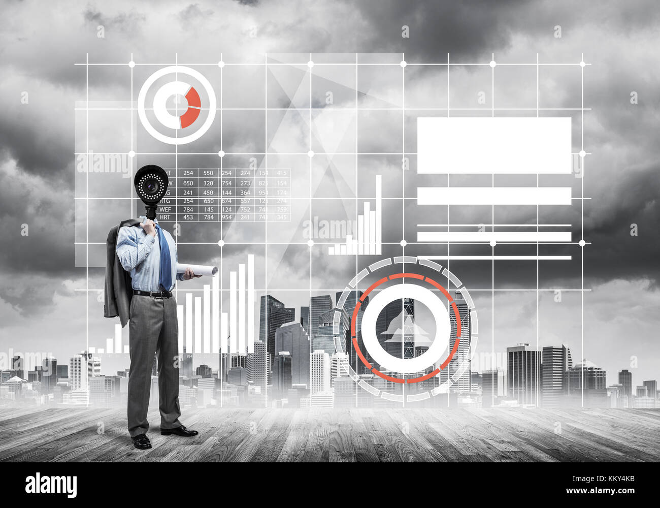 Camera headed man standing on wooden floor against modern citysc Stock ...