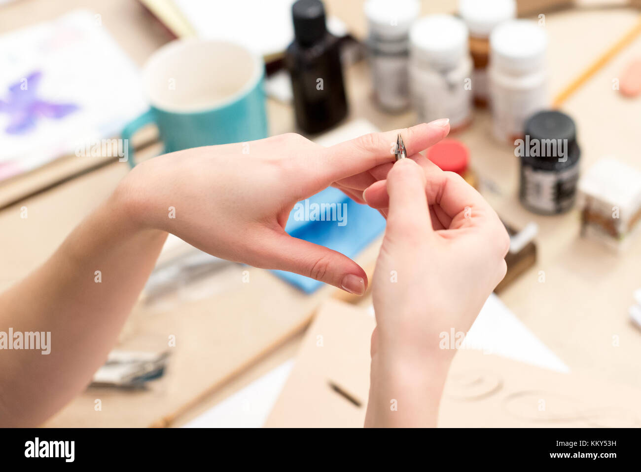 arts and crafts, creativity, handmade concept. close up of two ...