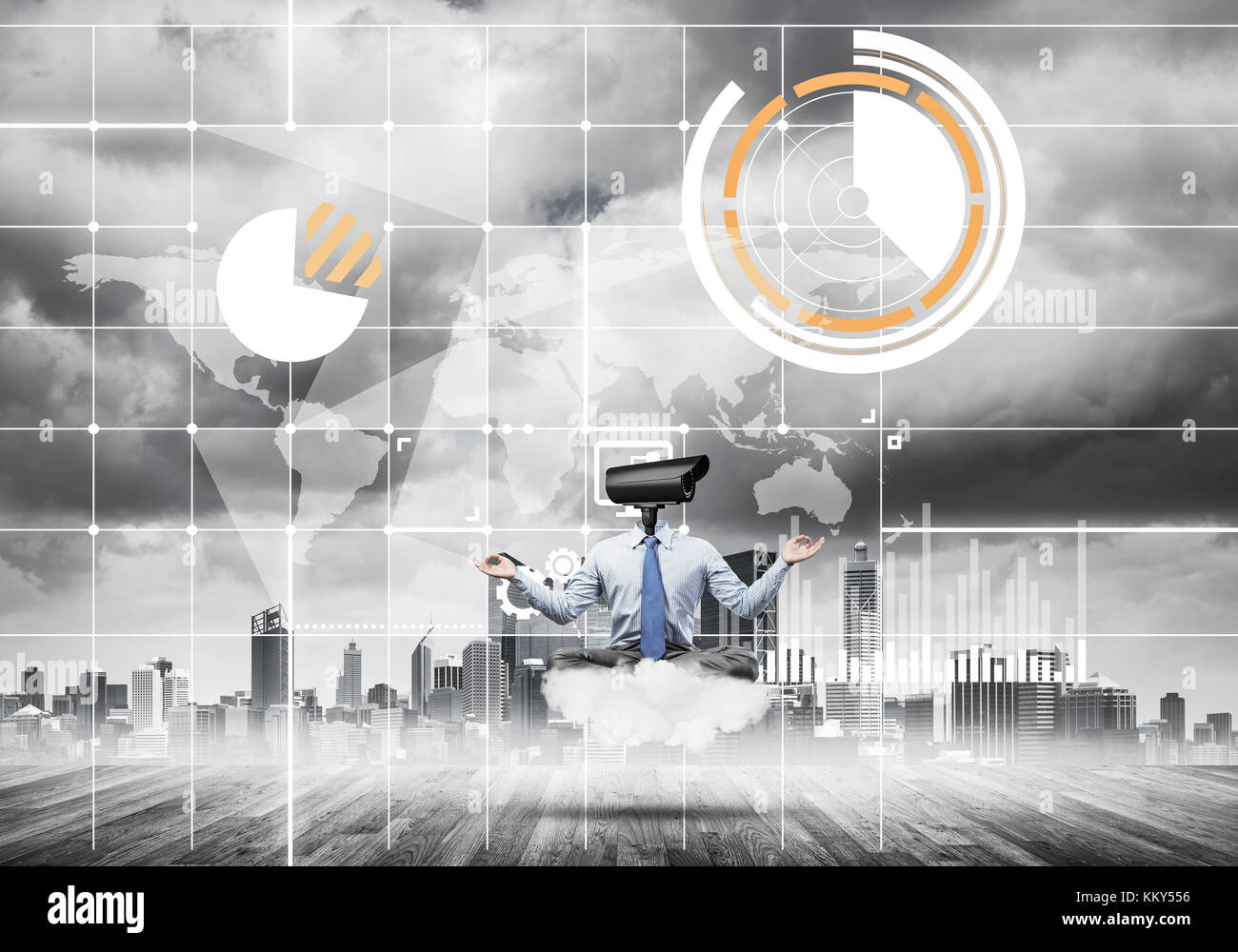 Camera headed man sitting in lotus pose on cloud against modern Stock ...