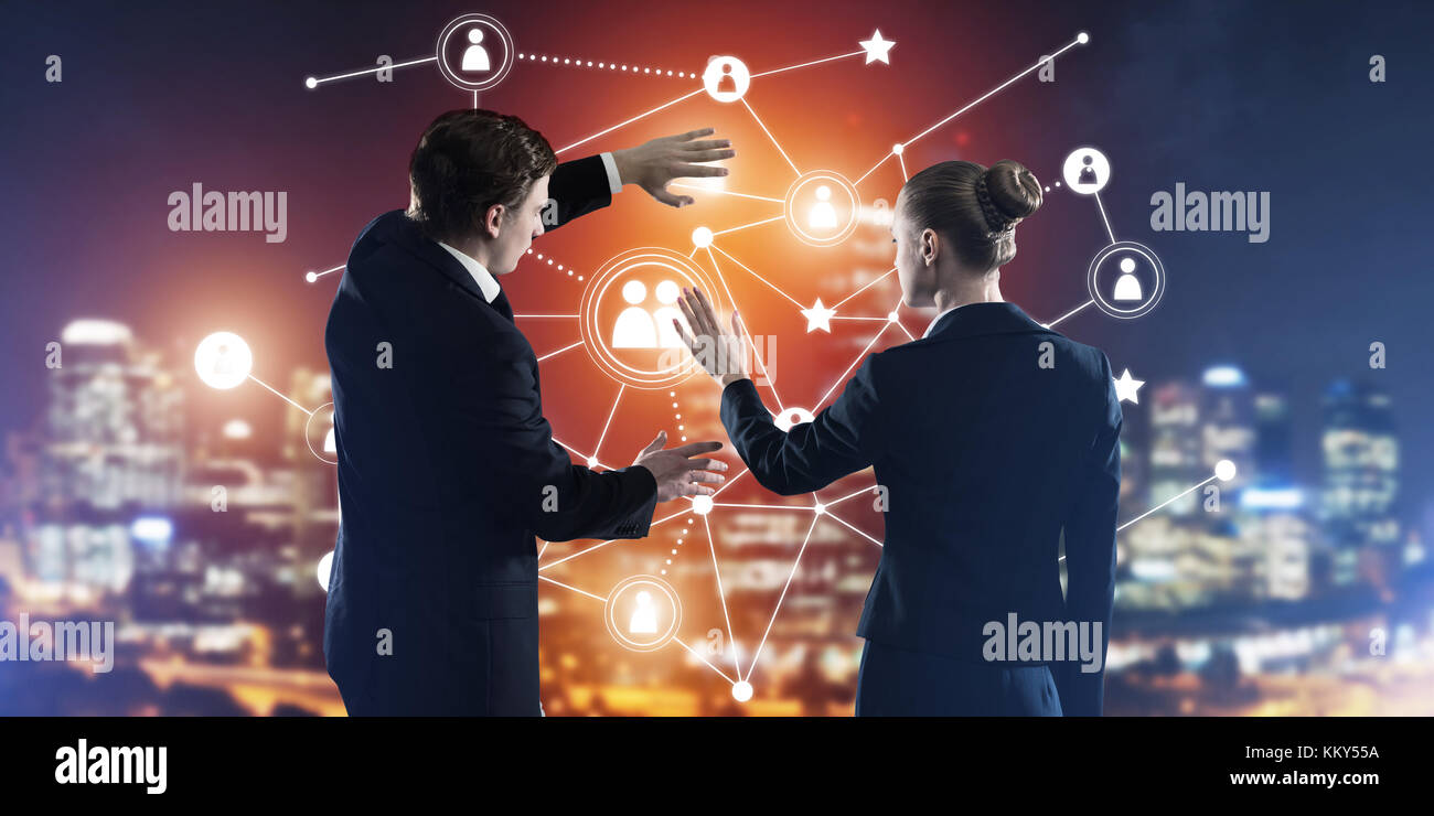 Concept of social connection and networking against night city view and ...