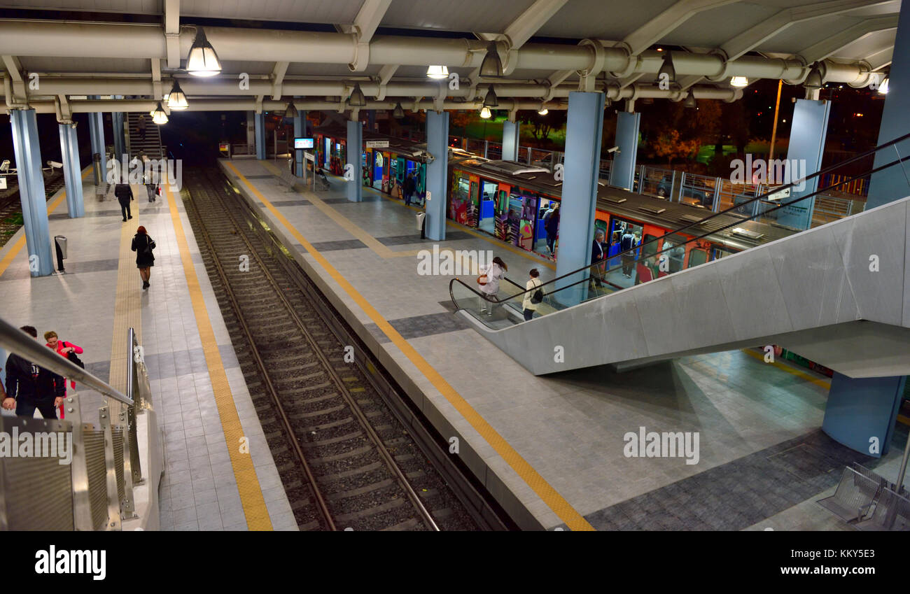 Night inside Faliro metro (underground) station on Athens Metro Line 1 ...