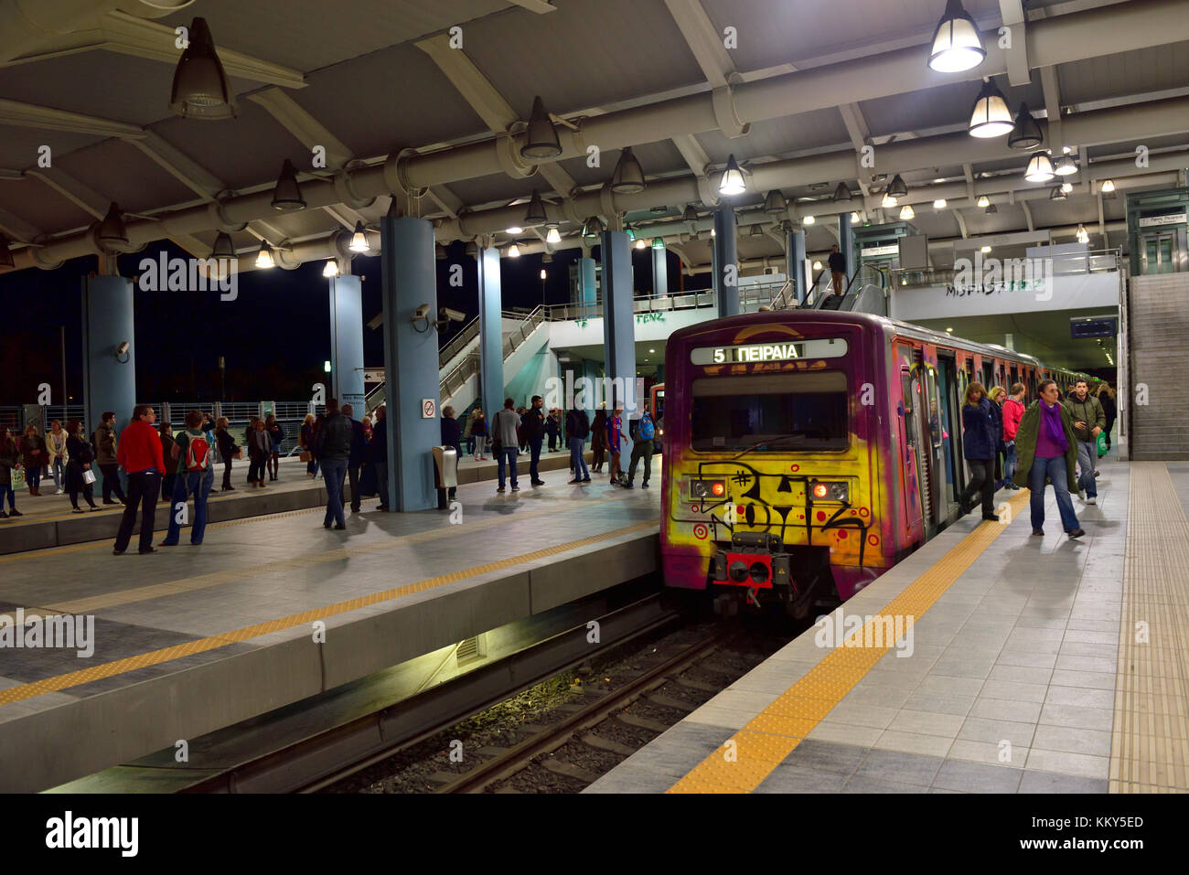 Night inside Faliro metro (underground) station on Athens Metro Line 1 ...