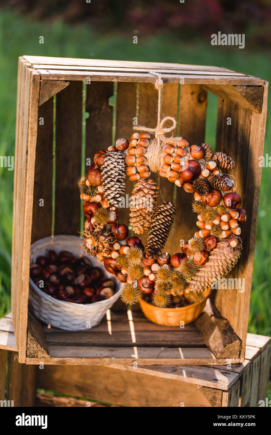 meadow, wooden boxes, autumnal decoration, detail Stock Photo - Alamy