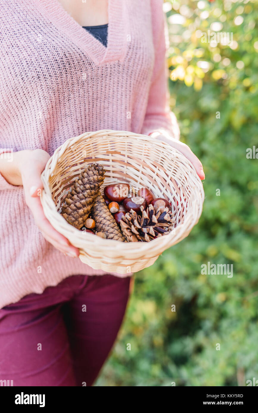 Garden, young woman with basket collecting natural materials, detail ...