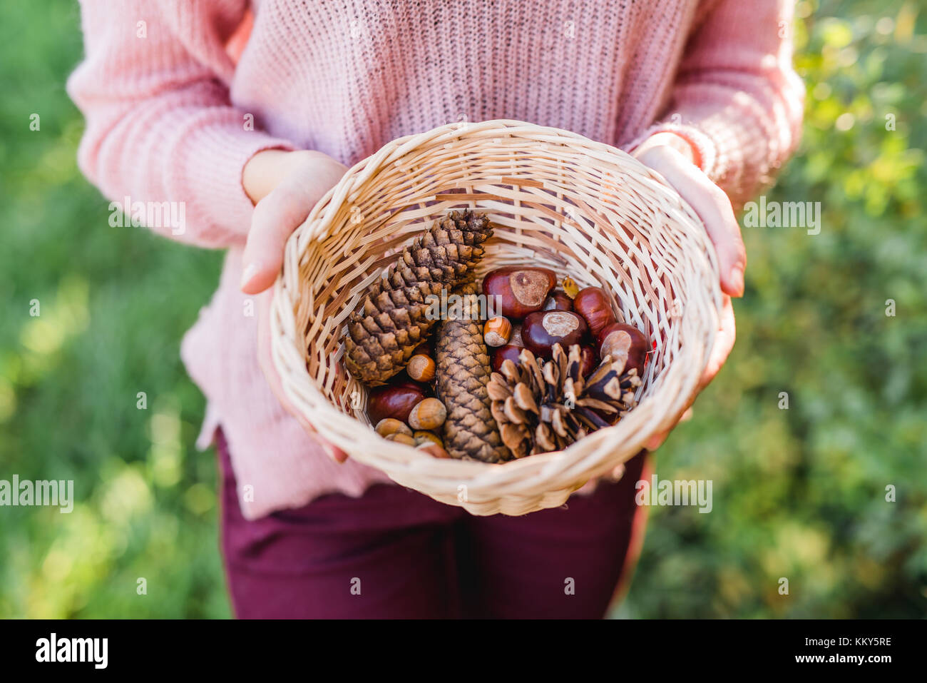 Garden, young woman with basket collecting natural materials, detail ...