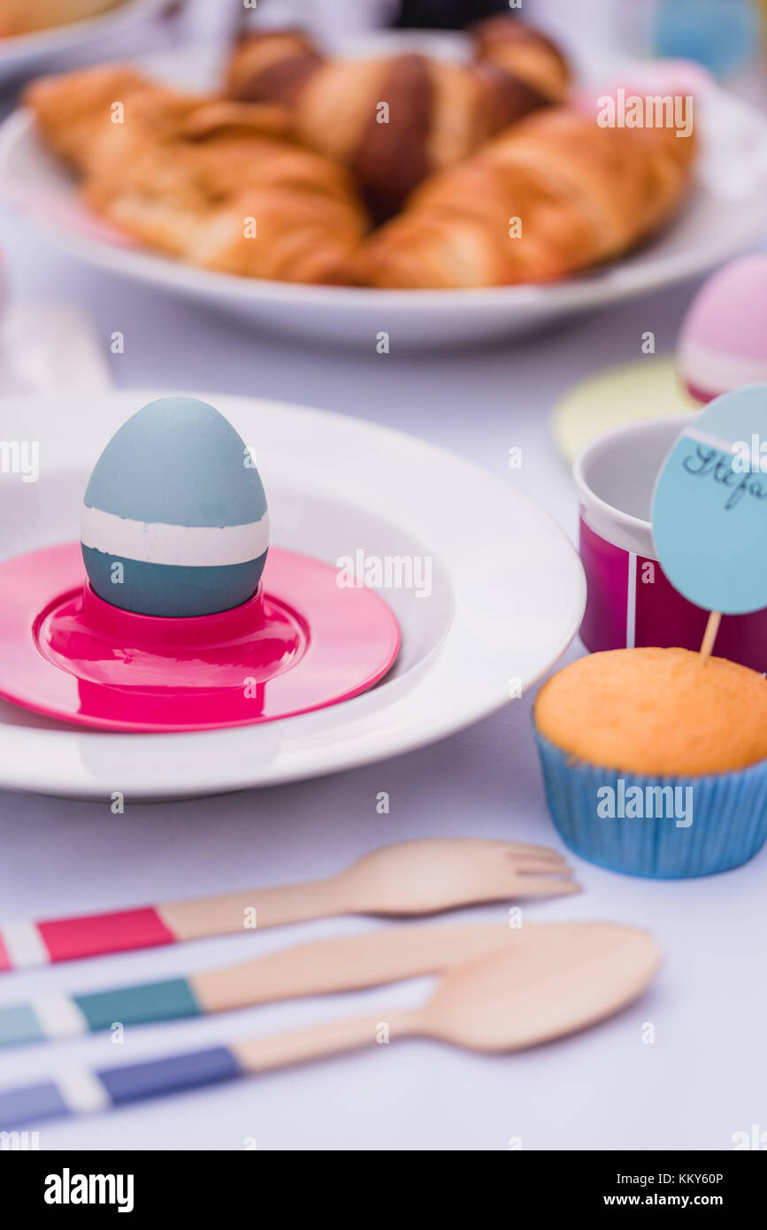 Garden table, covered, Easter breakfast, detail, egg, cutlery Stock ...