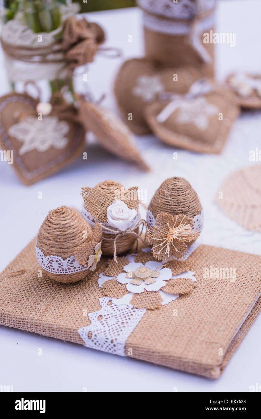 Easter decoration, detail, jute, Easter eggs, hearts Stock Photo - Alamy