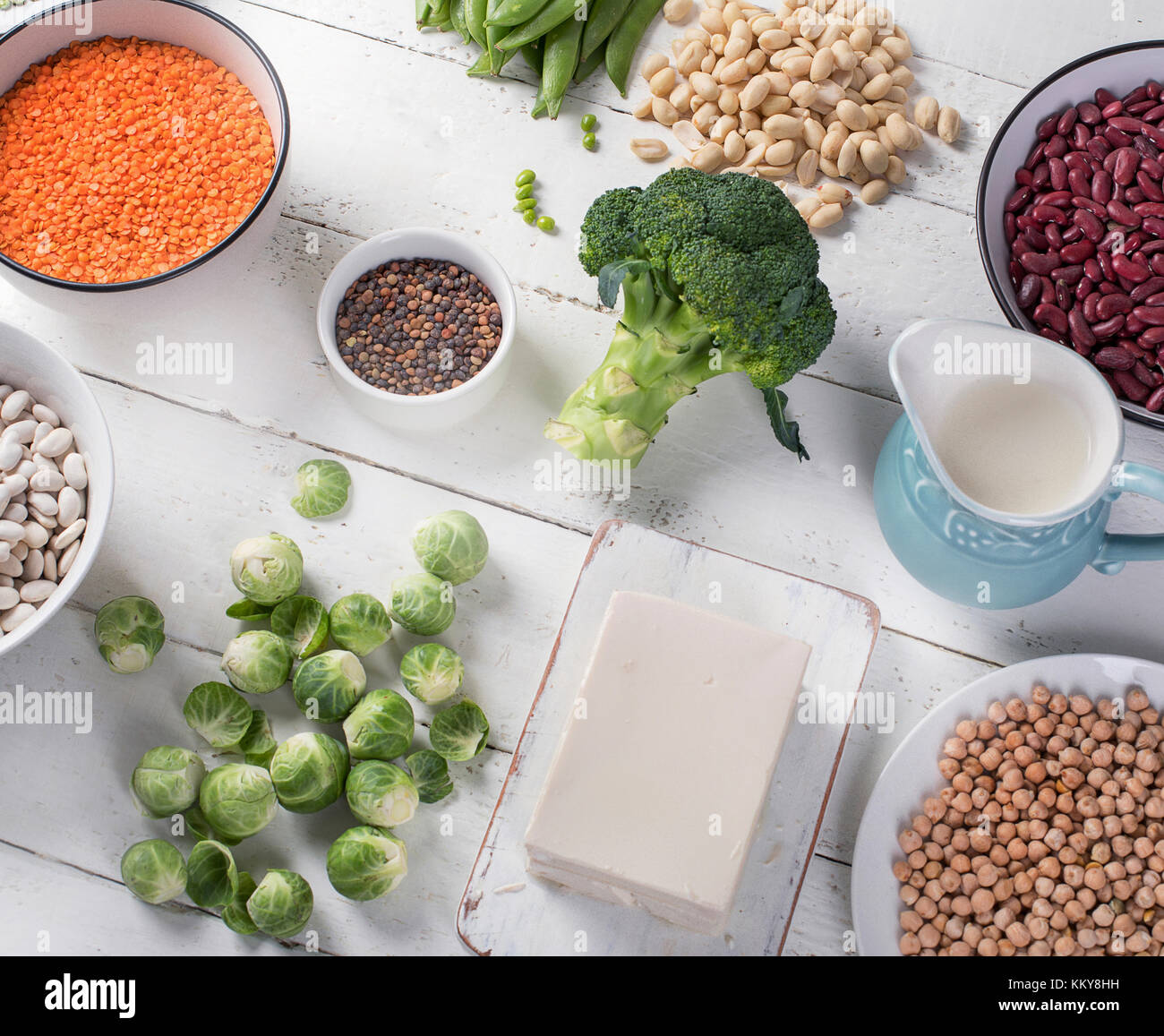 Vegan protein sources on a white wooden background. Top view Stock ...