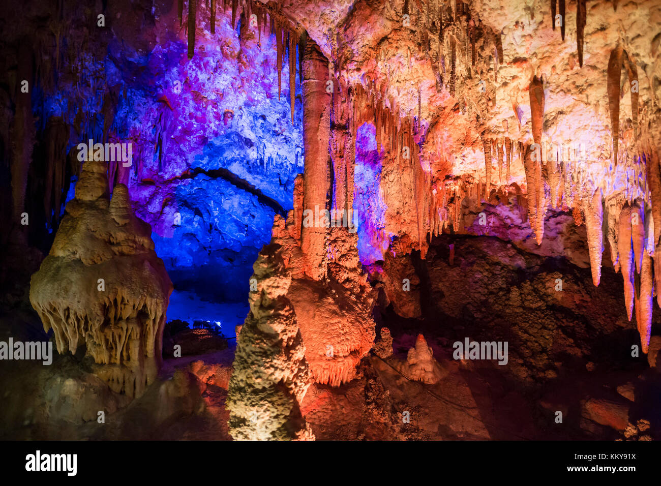 Venetsa Cave in Bulgaria. Beautiful colorful and illuminated cave full ...