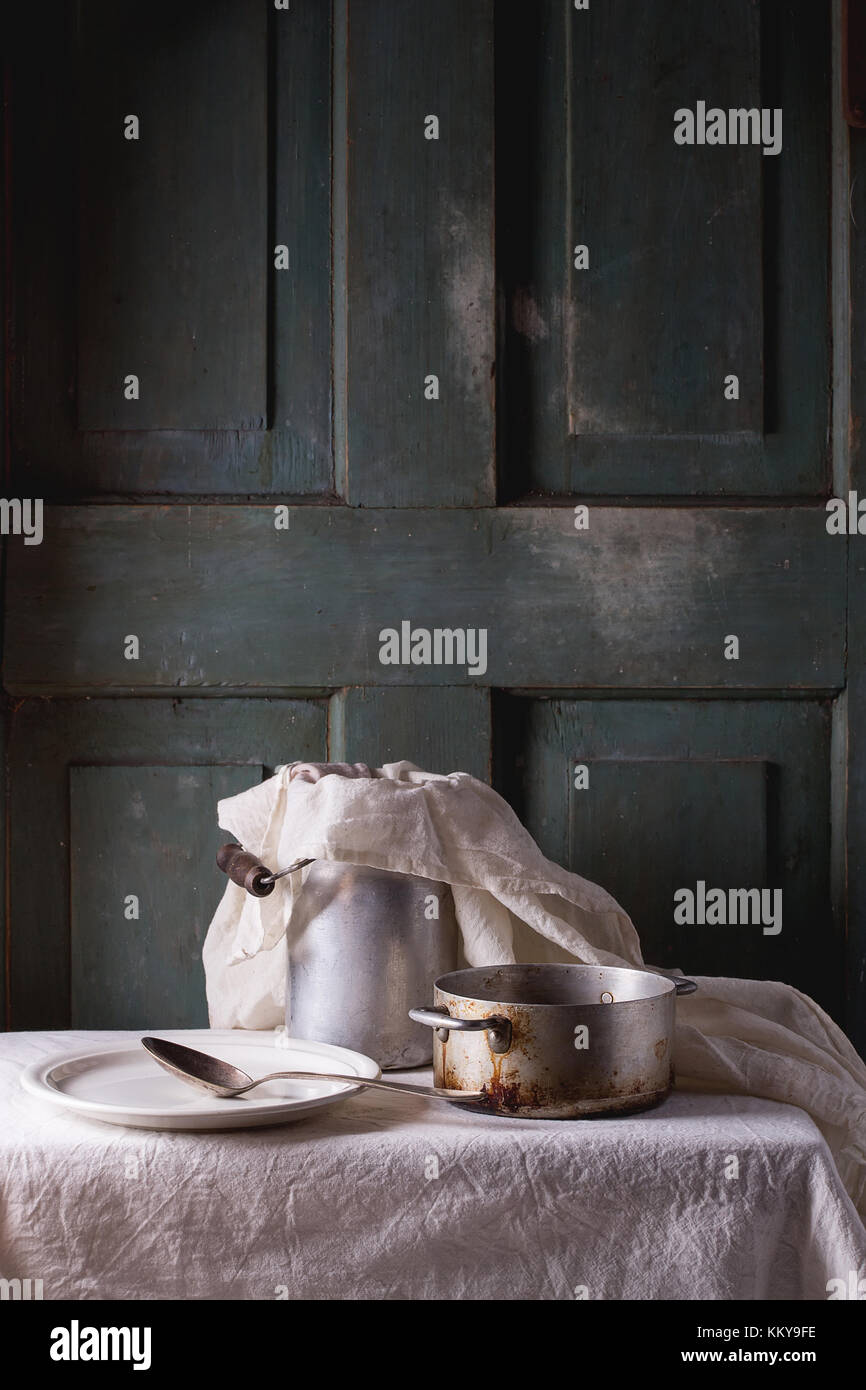 Rustic kitchenware vintage aluminum pan, milk water-can and white ...