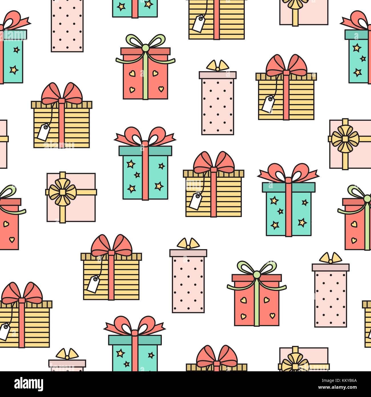 Seamless pattern with cute color gifts . Vector line art background ...