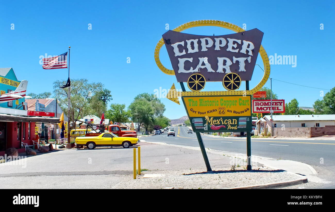 Seligman, Arizona, USA, June 23, 2013: The Copper Cart road sign in ...