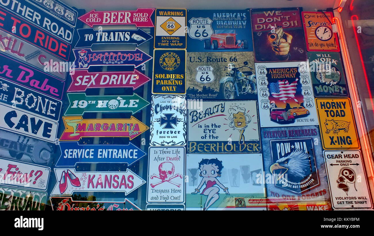 Williams, Arizona, USA, June 23, 2013: A collection of signs at ...