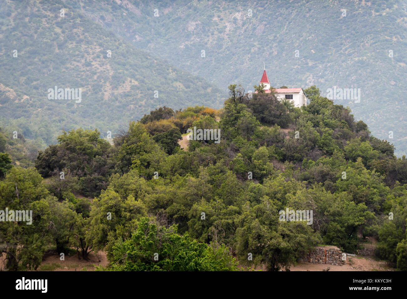 A small chapel in the Andes mountains on the road to Farellones, near ...