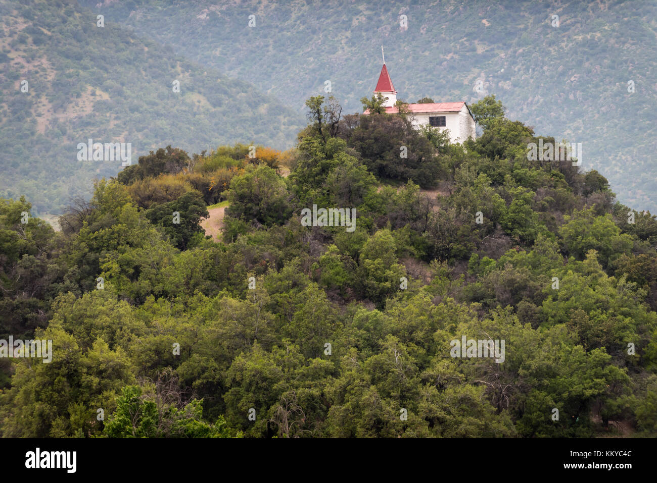 A small chapel in the Andes mountains on the road to Farellones, near ...