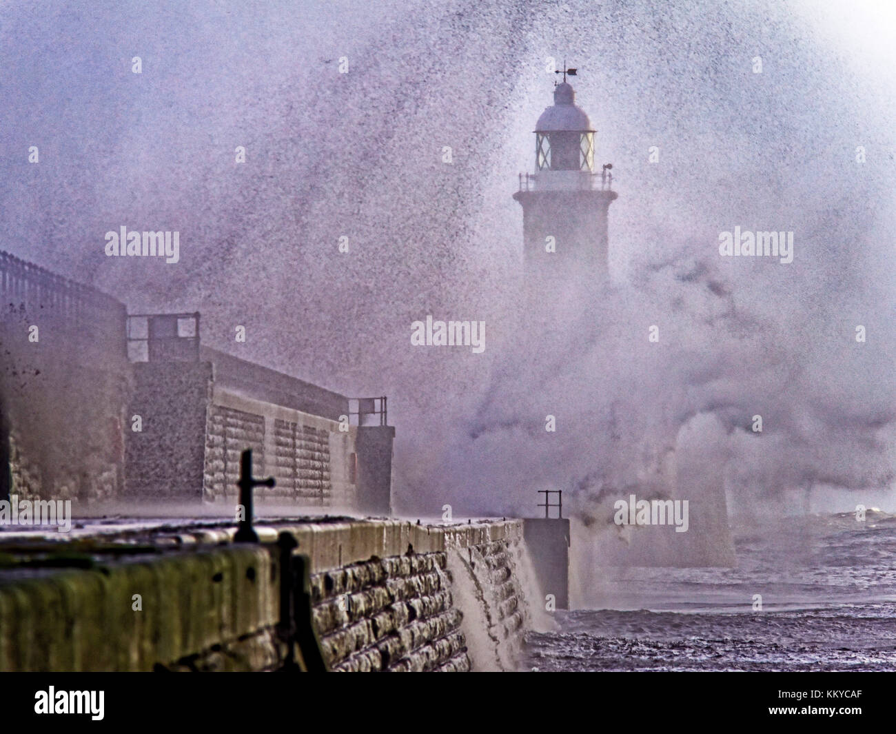Tynemouth North Pier during raging winter storm Stock Photo - Alamy