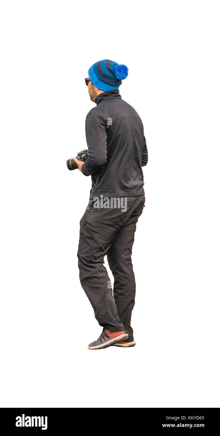 Back view adult man with winter clothes isolated on white background ...