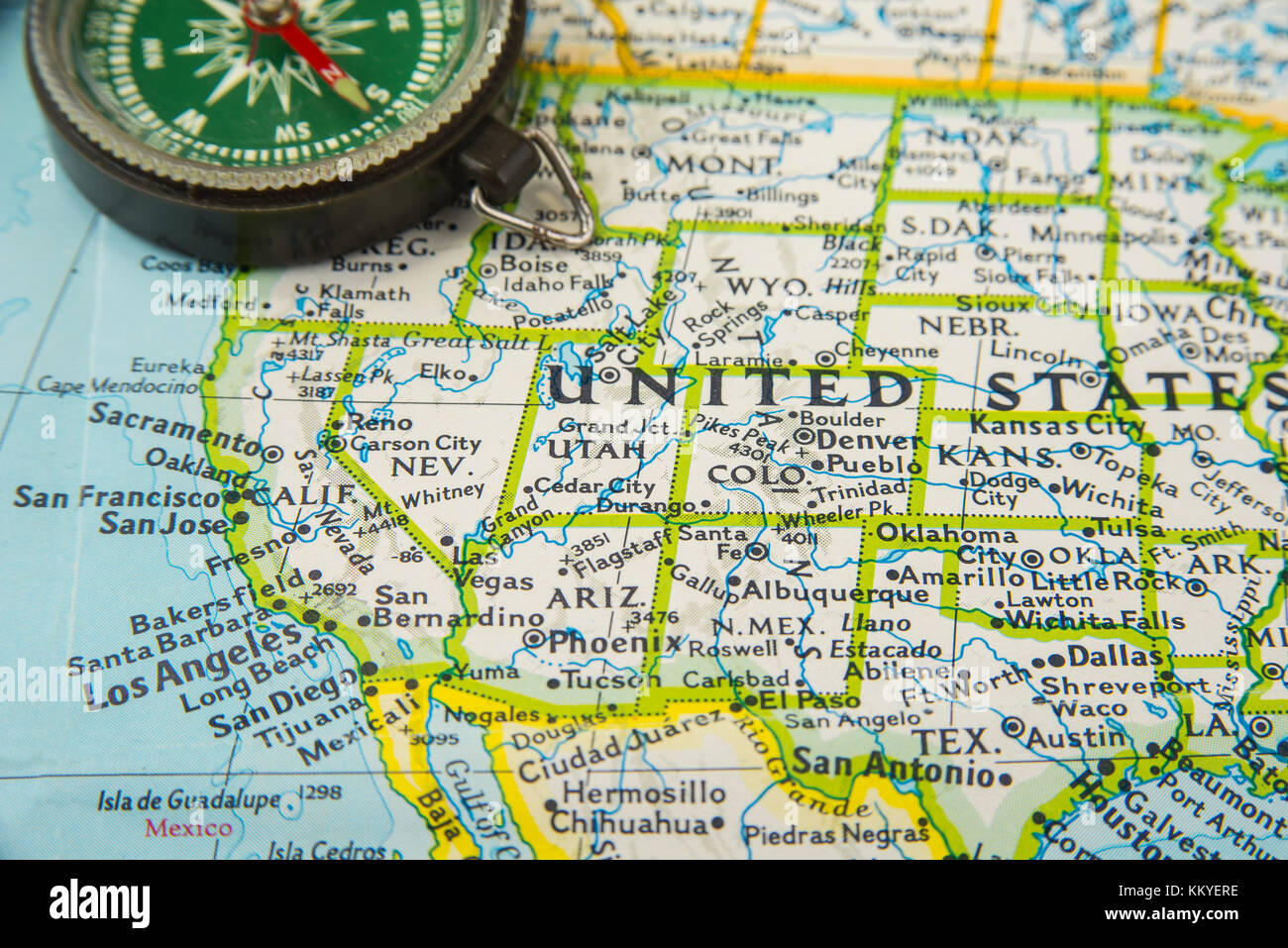 USA map with pencil pointing on various us city Stock Photo - Alamy