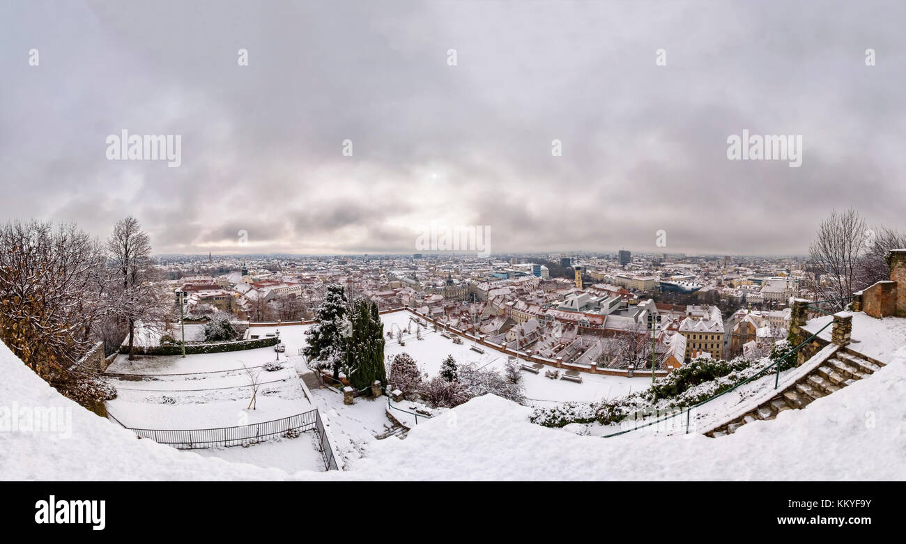 View from Schlossberg with rose garden to city Graz in Winter with some ...