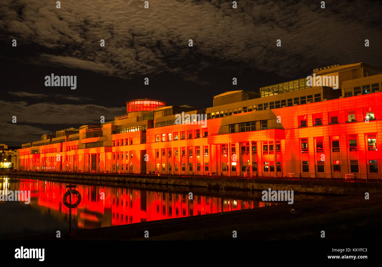 Scottish Government building Victoria Quay lit by dramatic red light ...