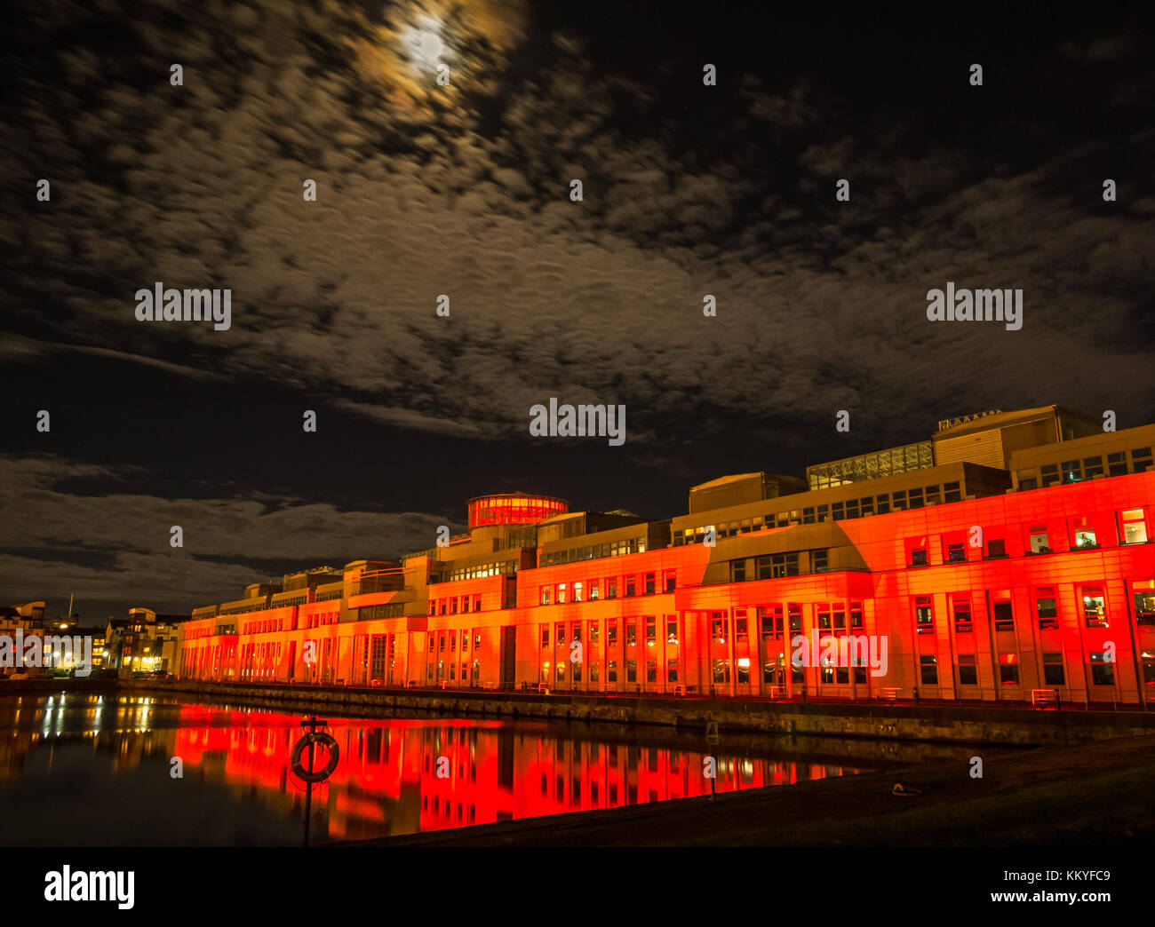 Scottish Government building Victoria Quay lit by dramatic red light ...