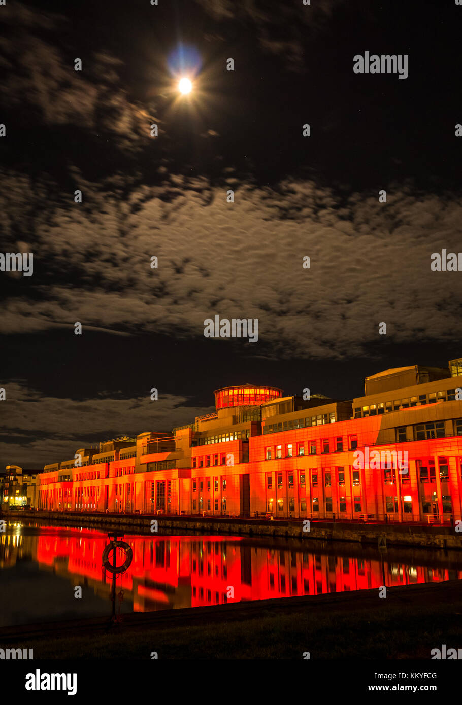 Scottish Government building Victoria Quay lit by dramatic red light ...