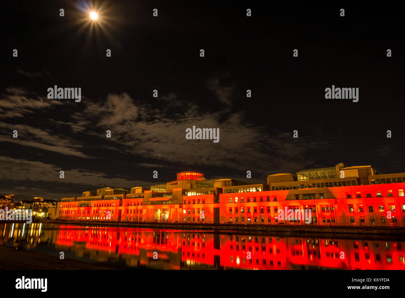 Scottish Government building Victoria Quay lit by dramatic red light ...