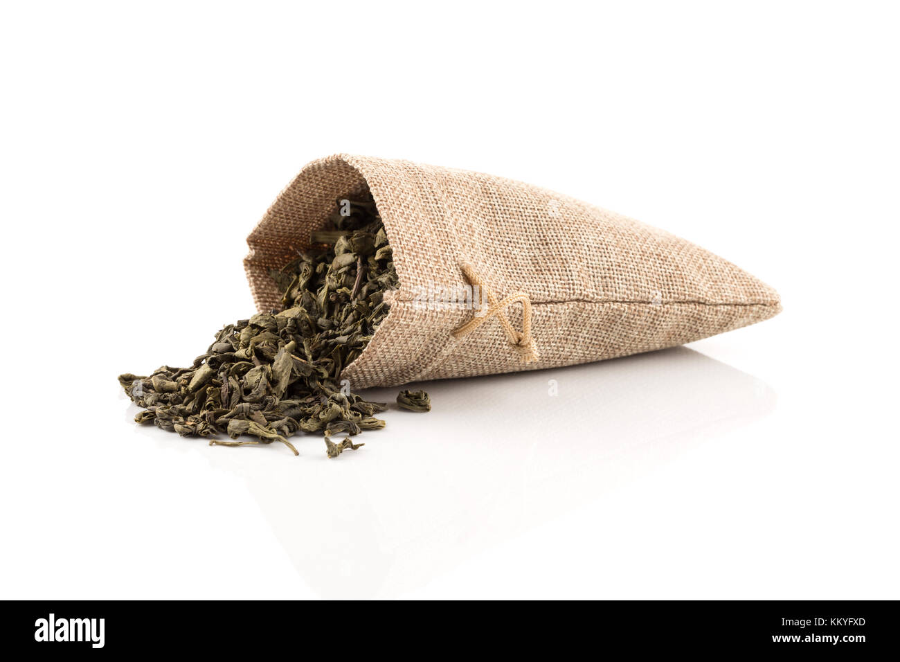 Gunpowder green tea in hessian sack closeup photo for background Stock ...