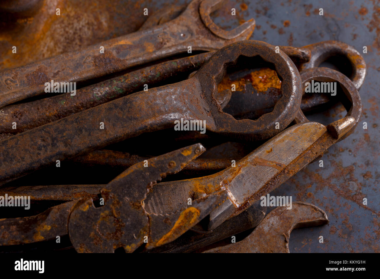 Dirty set of hand old rusty tools. Equipment for locksmith and ...
