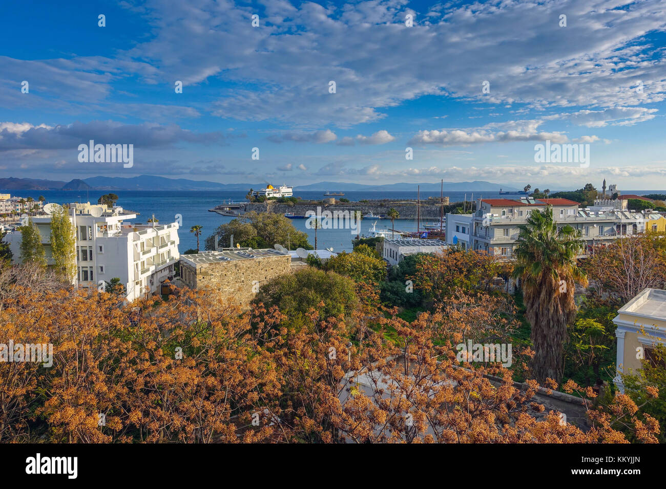 Kos harbour and town with Dodecanese ferry and winter sunshine Stock ...