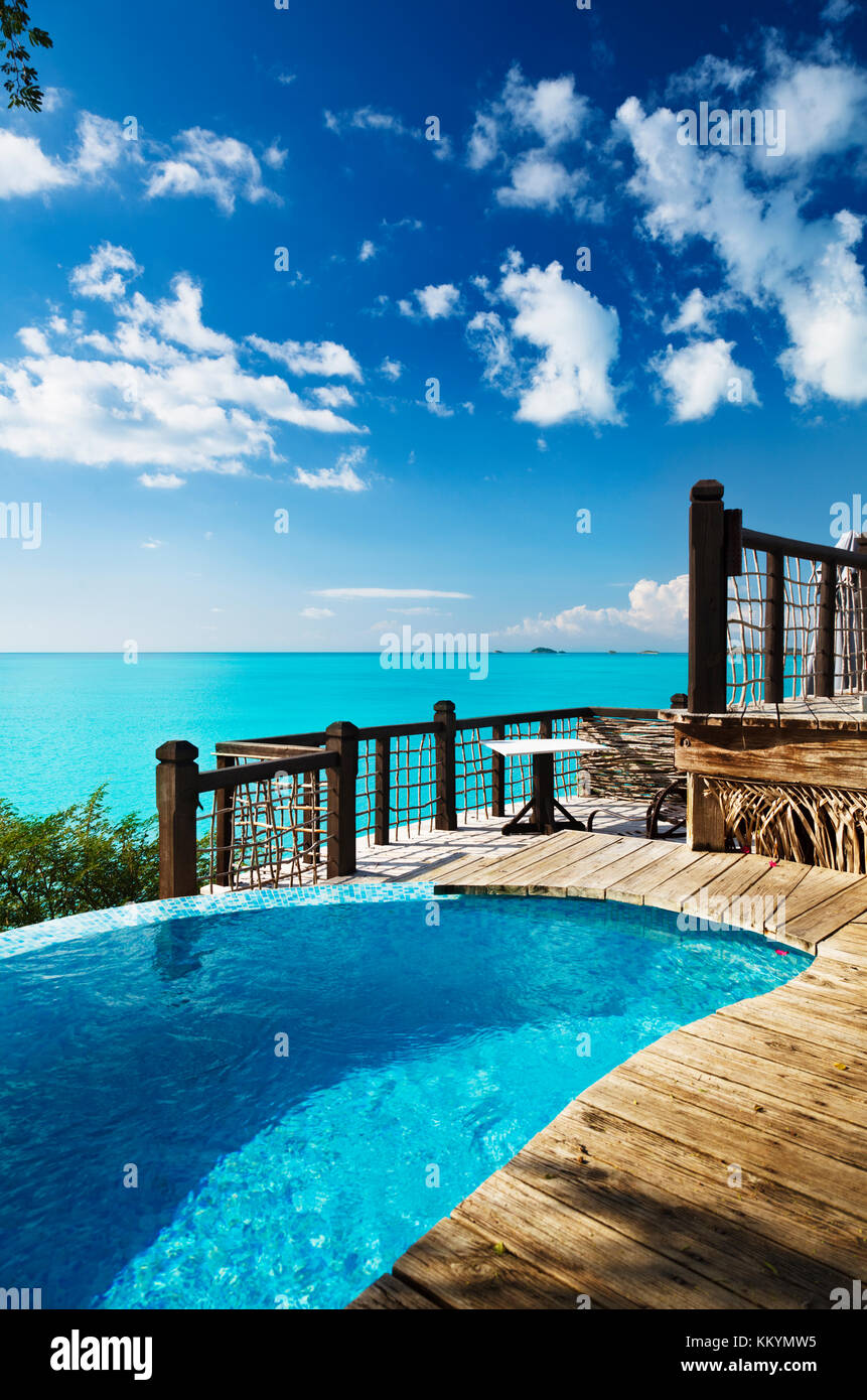 A little pool above the turquoise water of the caribbean sea with deep ...