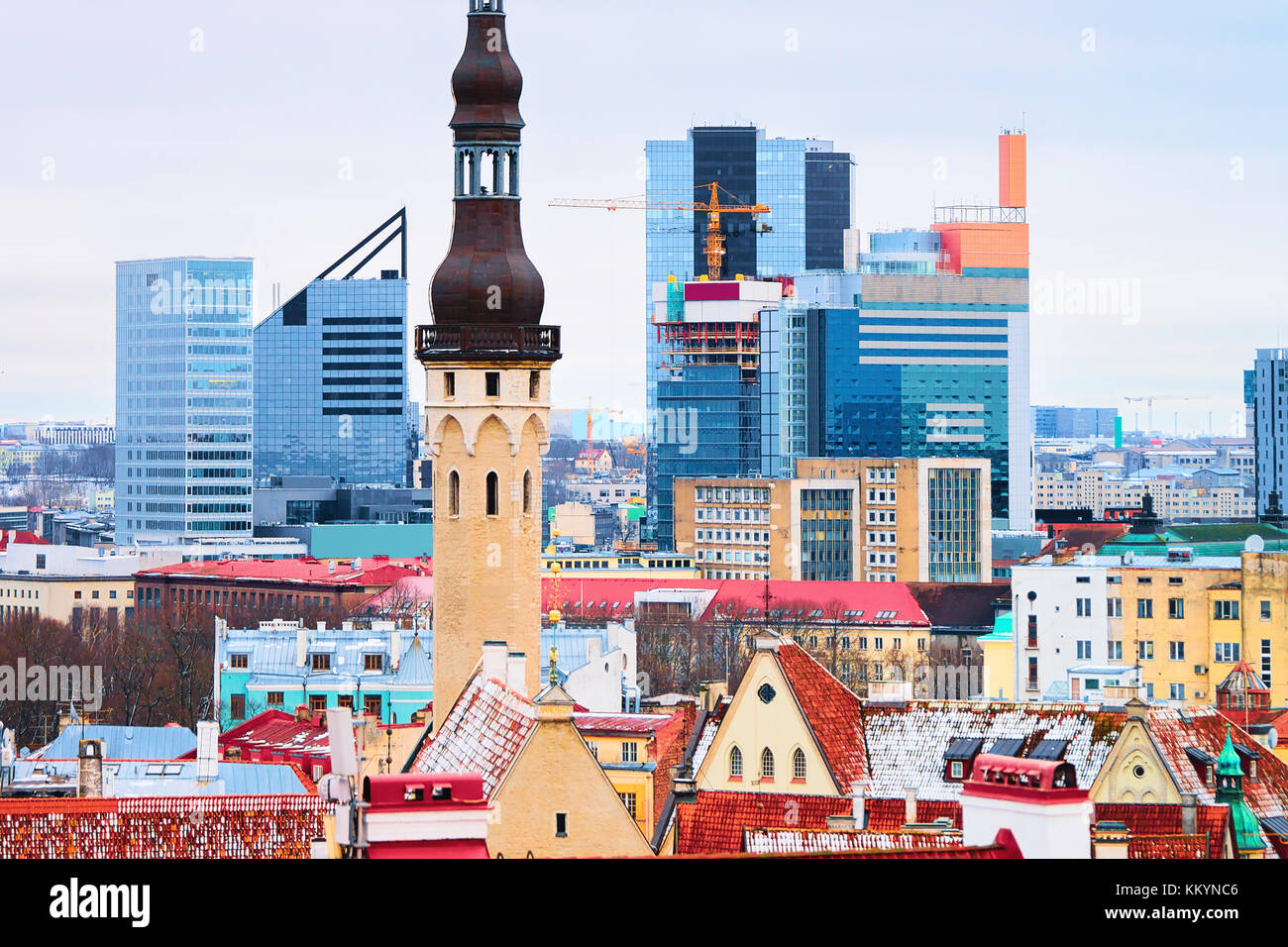 Cityscape with modern skyscrapers and Tower of Town Hall of the Old ...