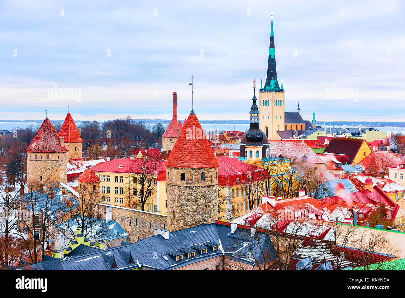Cityscape with St Olaf Church and defensive towers at the Old town of ...