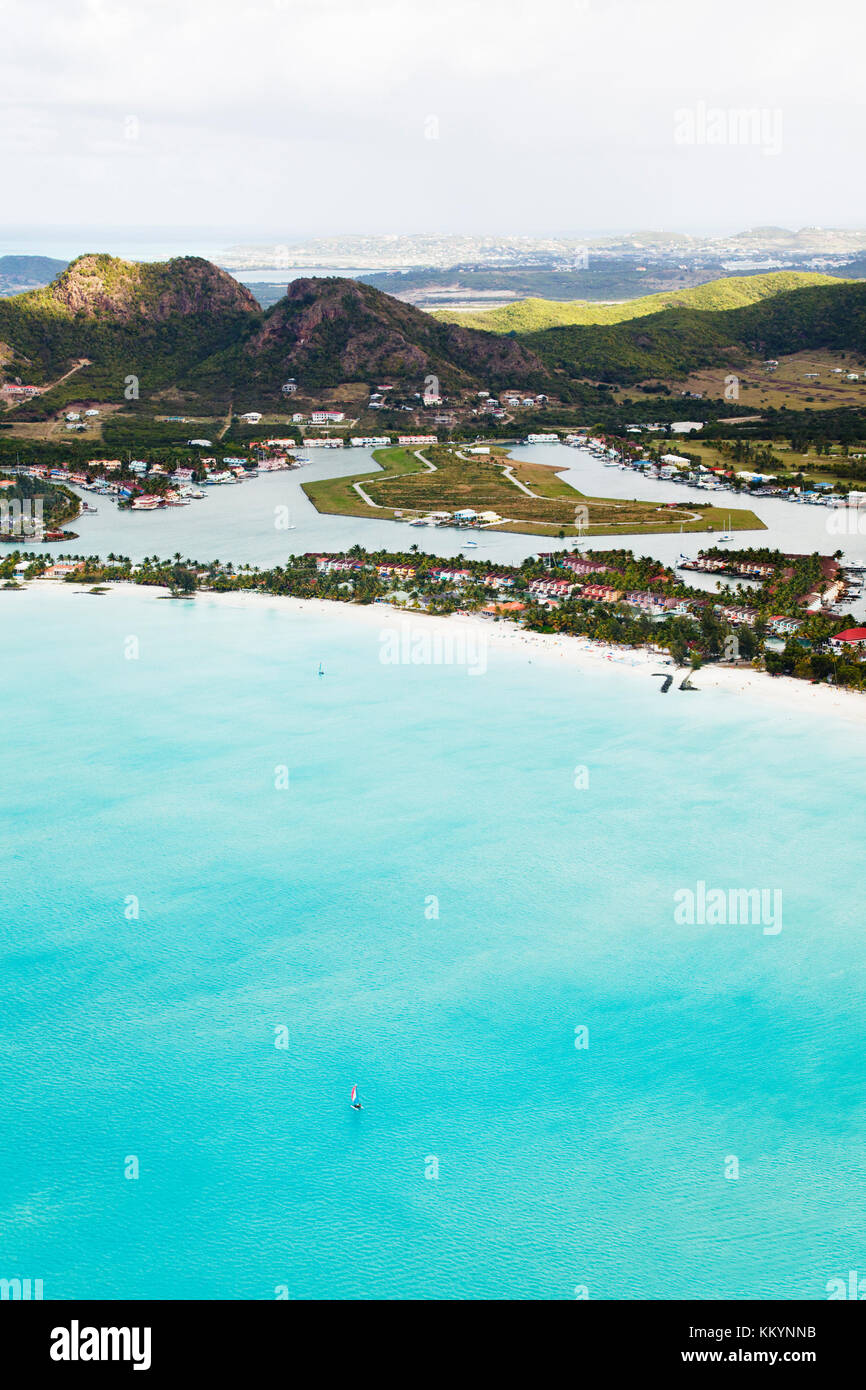 View from a helicopter to Jolly Beach and Jolly Harbor in Antigua Stock ...