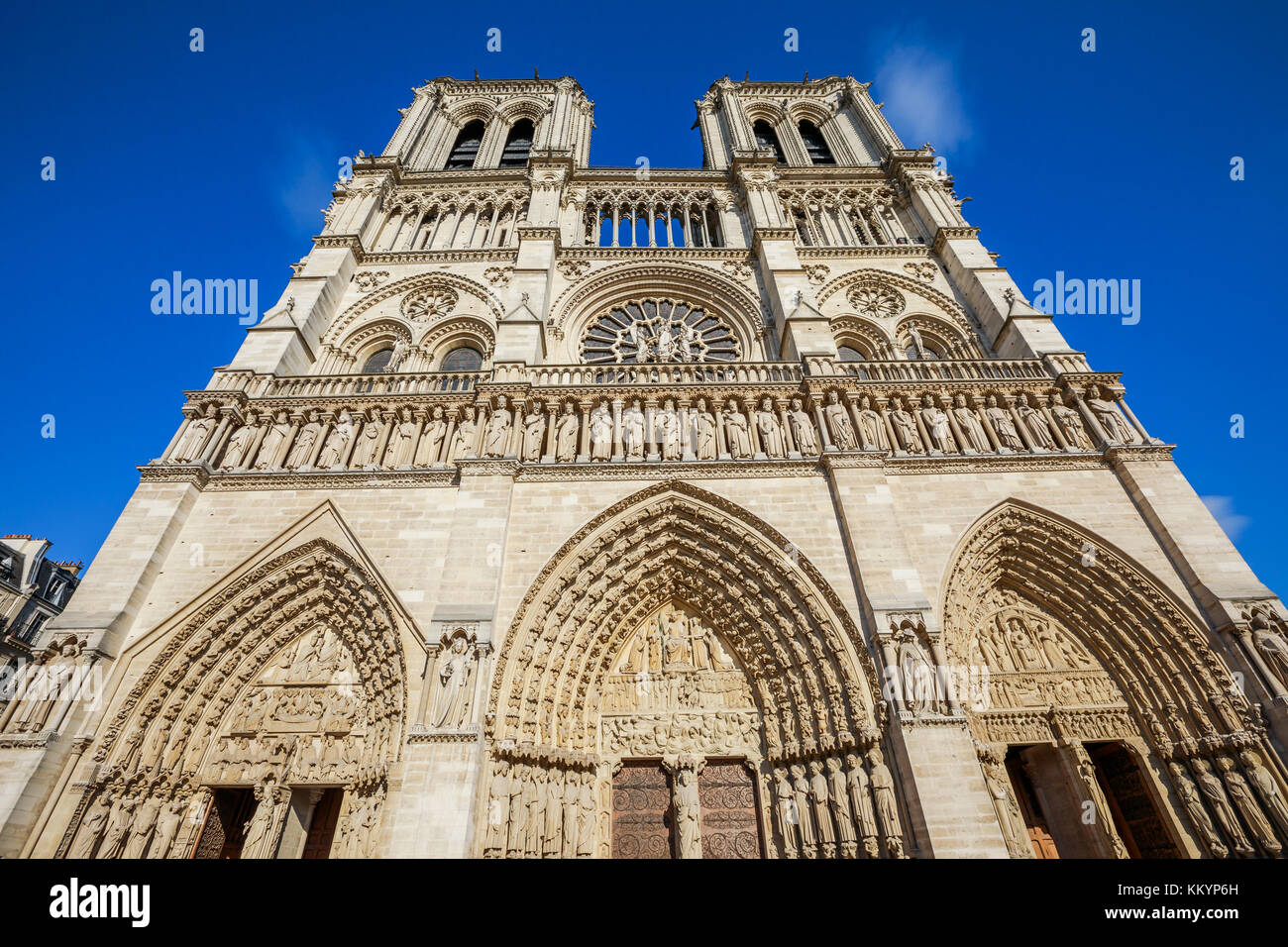 Details close up bottom view of French Gothic architecture of Notre ...