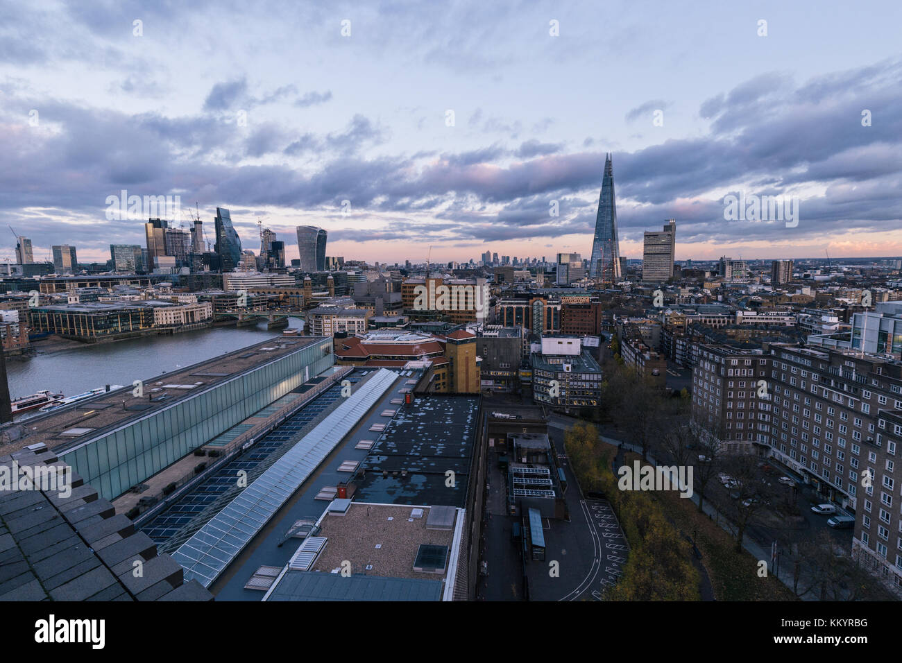 Elevated aerial view of modern London cityscape skyline rooftops at ...