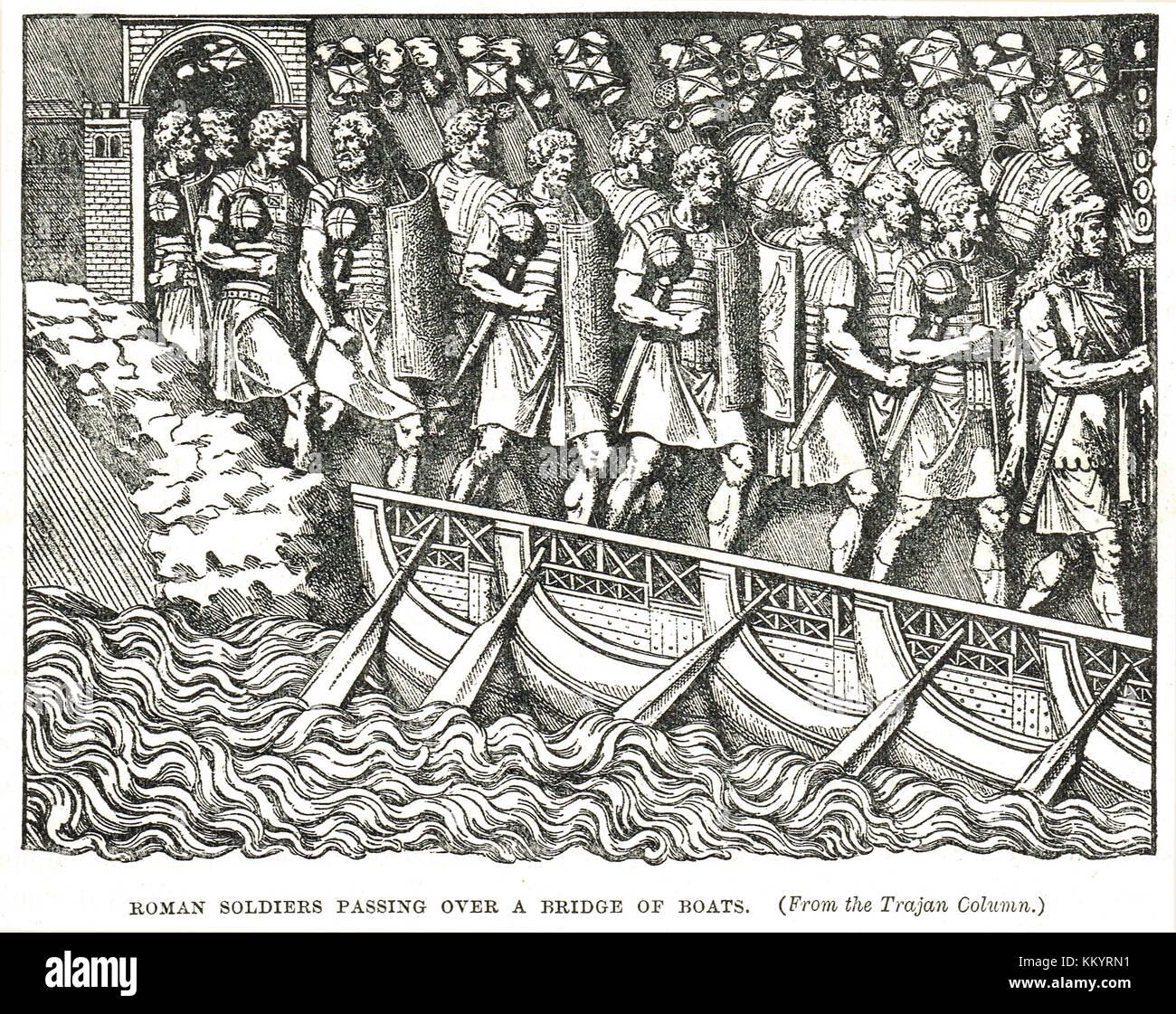 Roman soldiers passing over a bridge of boats. A scene from Trajan's ...
