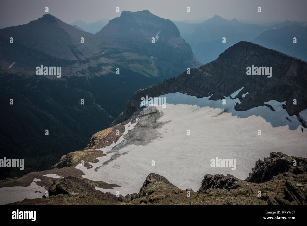 Snow on the top of Piegan Glacier at the Glacier National Park August ...