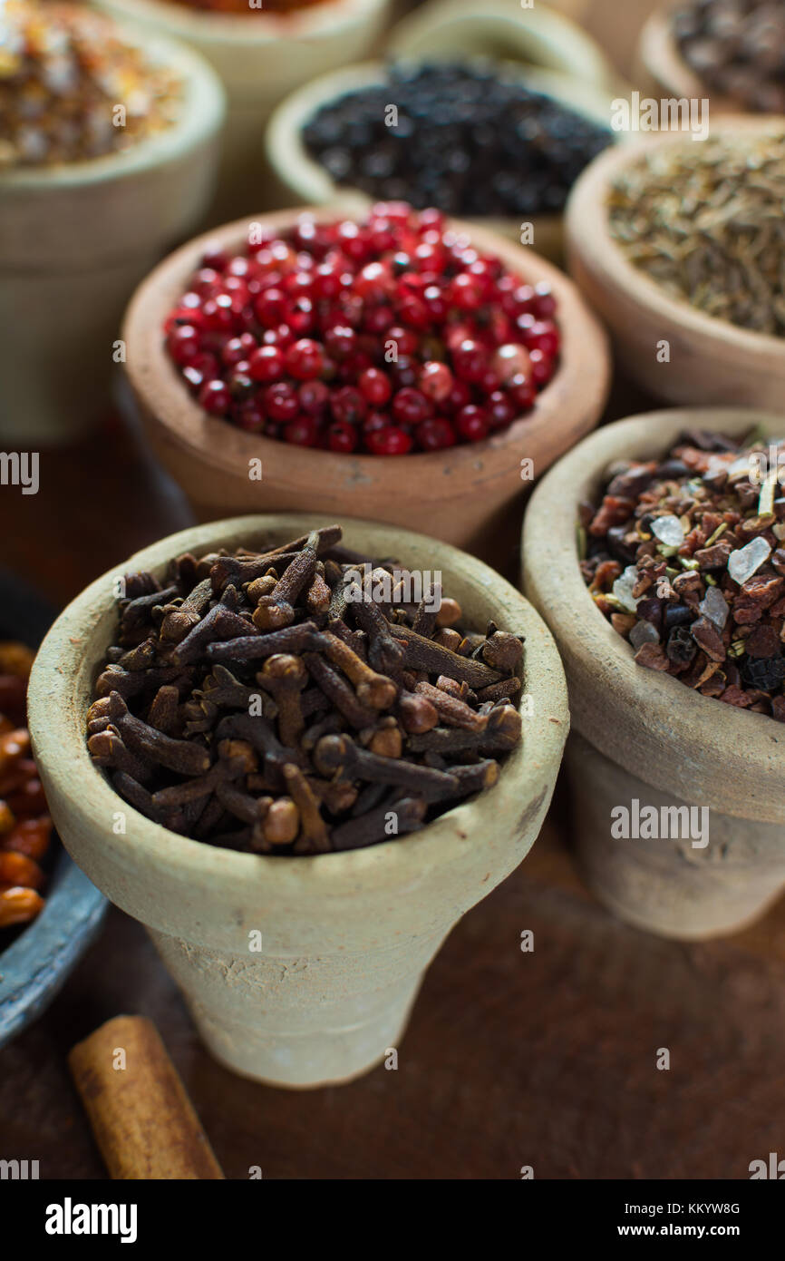 Variety of different asian and middle east spices, colorful assortment ...