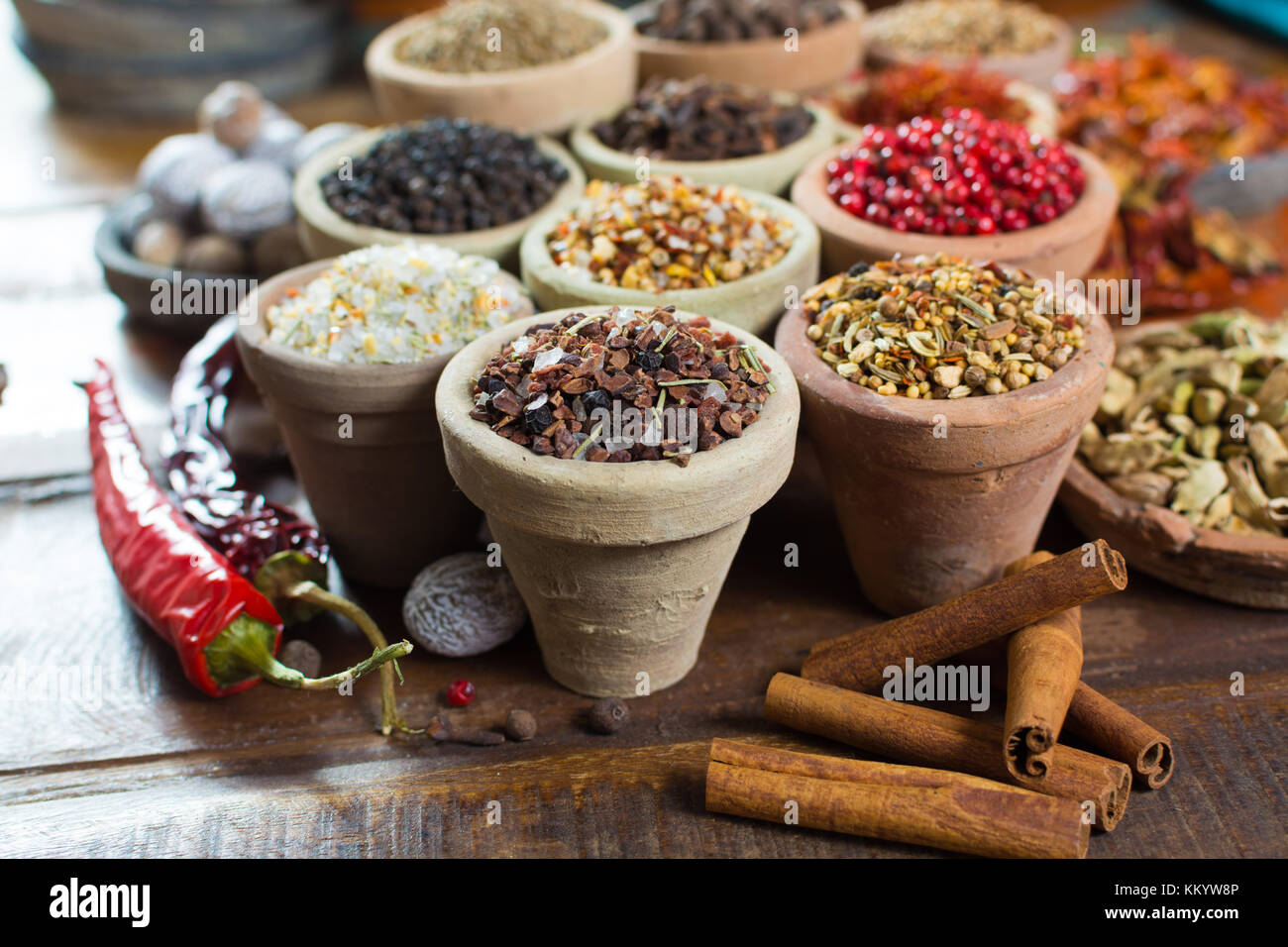 Variety of different asian and middle east spices, colorful assortment ...