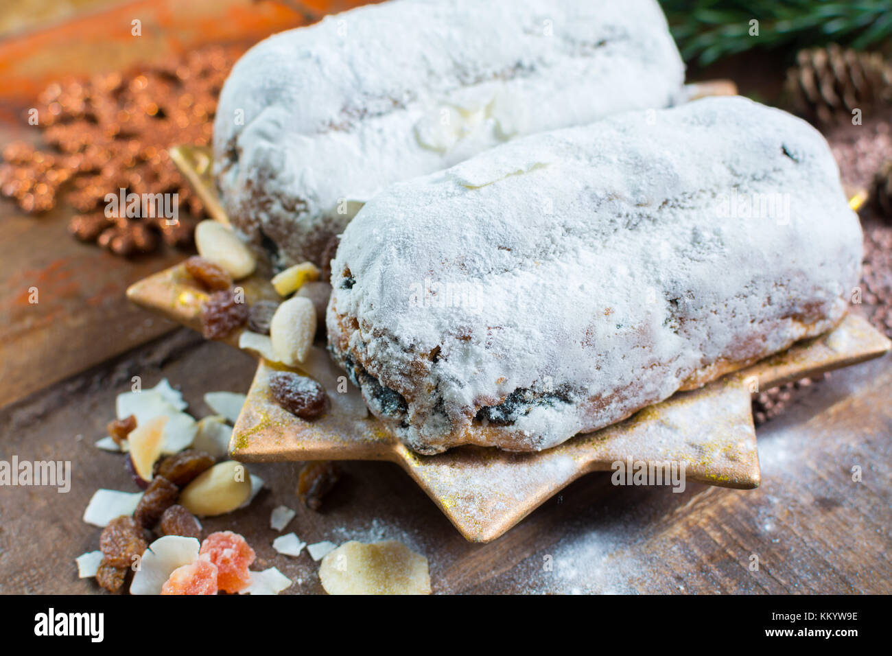 Traditional German Christmas raisins and dried fruits cake with sugar ...