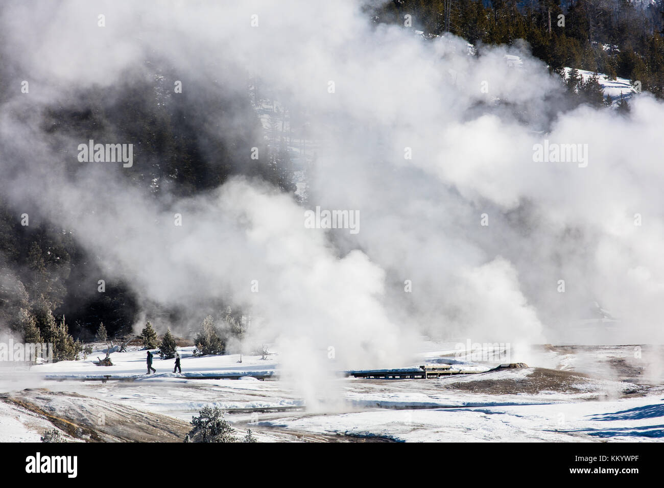 Snow and ice surround the Upper Geyser Basin in winter at the ...