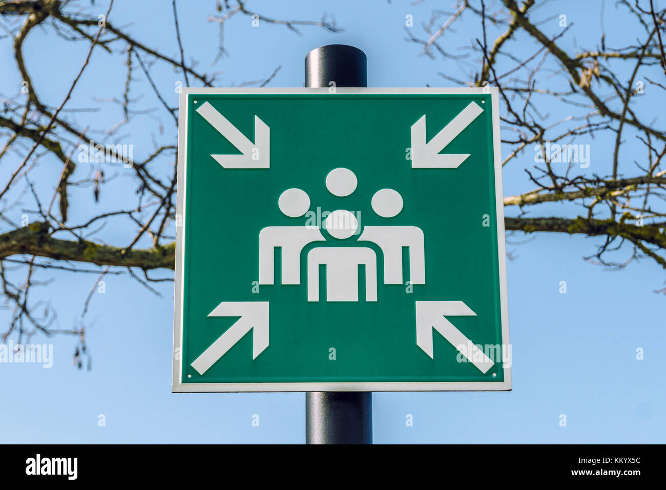 Emergency assembly point green sign on bright background Stock Photo ...
