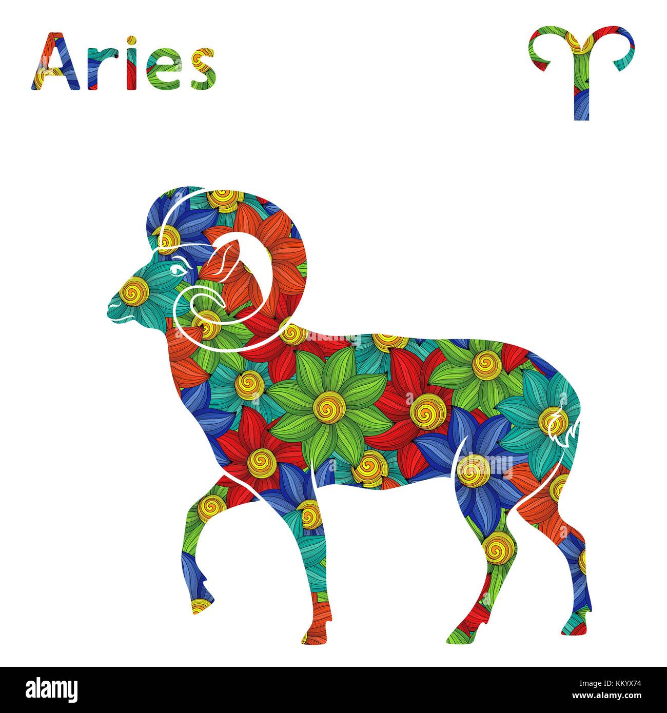 Zodiac sign Aries with filling of colorful stylized flowers on a white ...