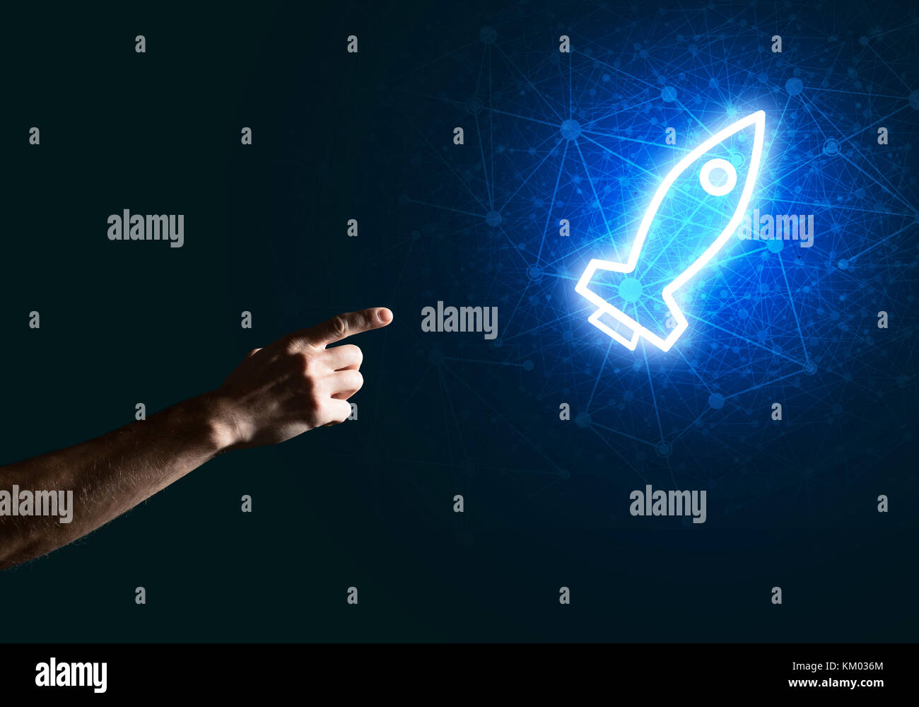 Man palm presenting Rocket web icon as technology concept Stock Photo ...