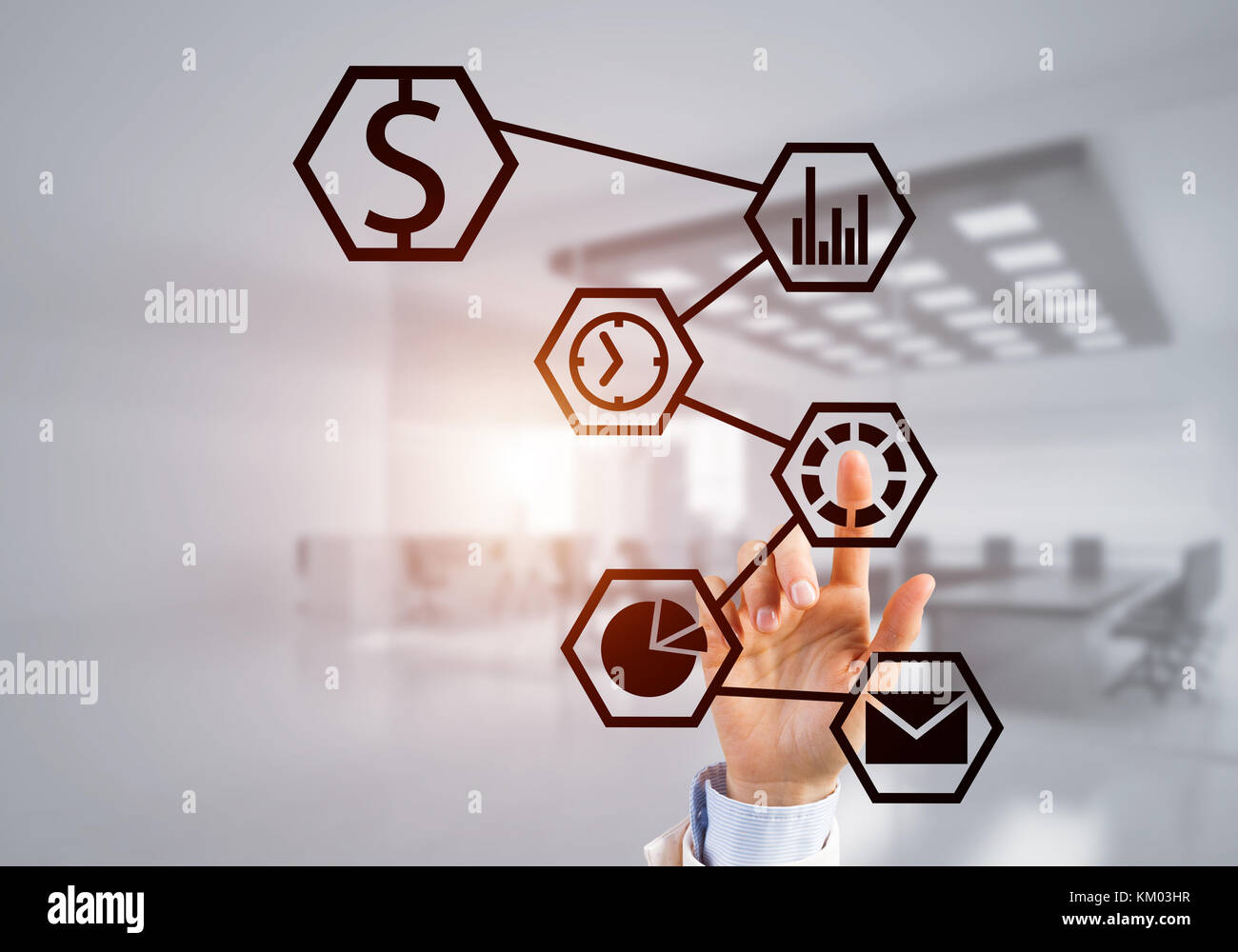 Modern office interior and close of businesswoman hand choosing symbol ...